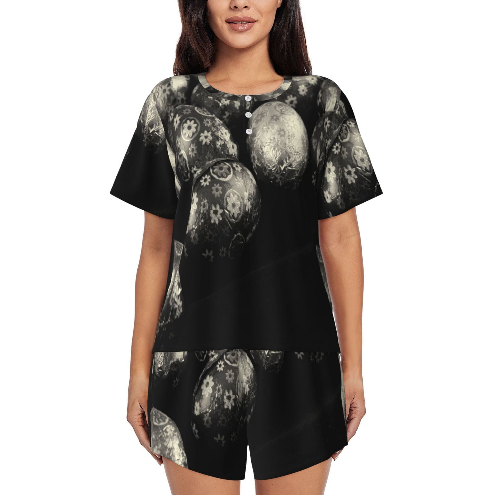 Salouo black Easter eggs Pattern Short-Sleeved Pajama Set for Women ...