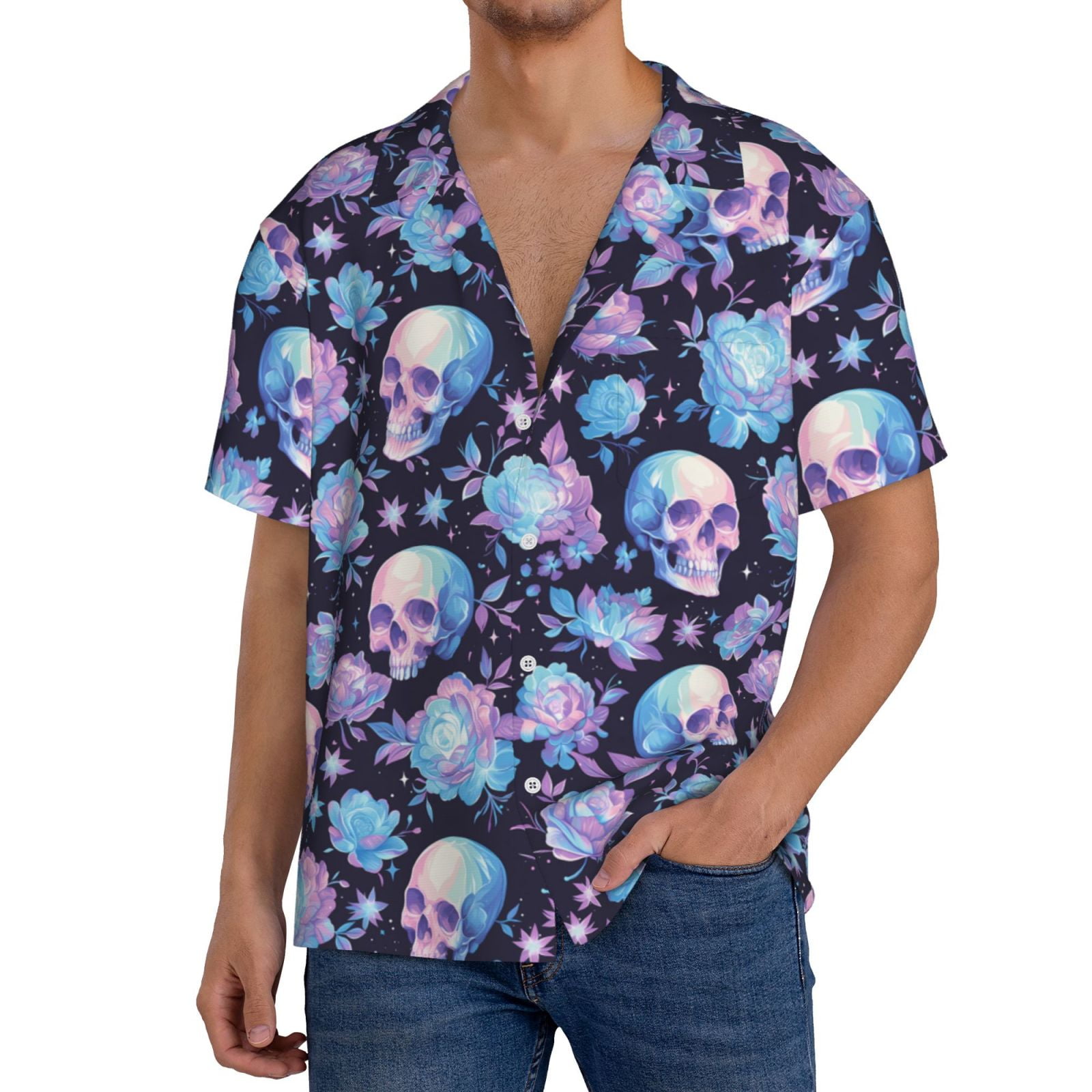 Salouo flower Skull in starry sky Pattern Cuban Collar Shirts for Men ...