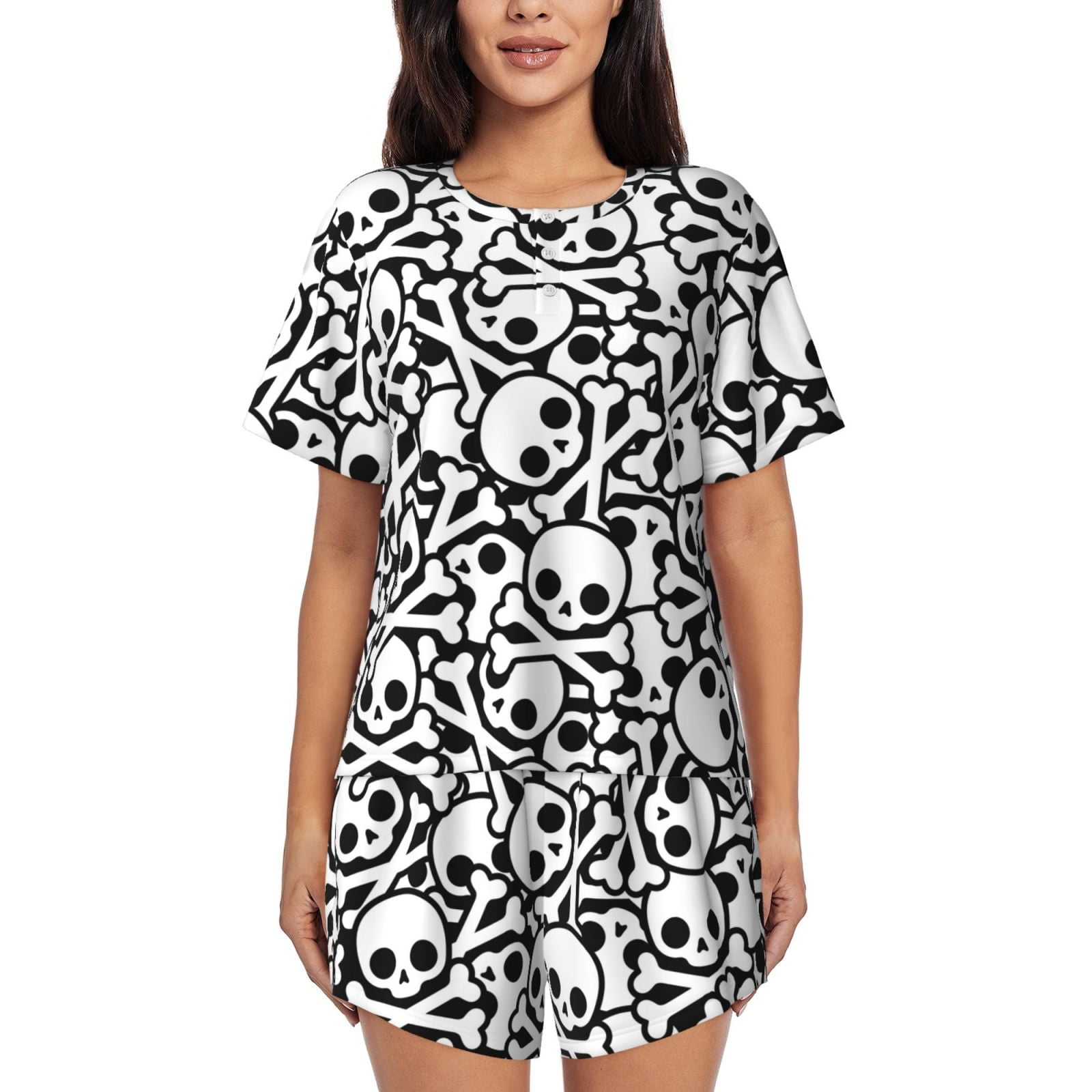 Salouo skull pirate Pattern Short-Sleeved Pajama Set for Women，Round ...