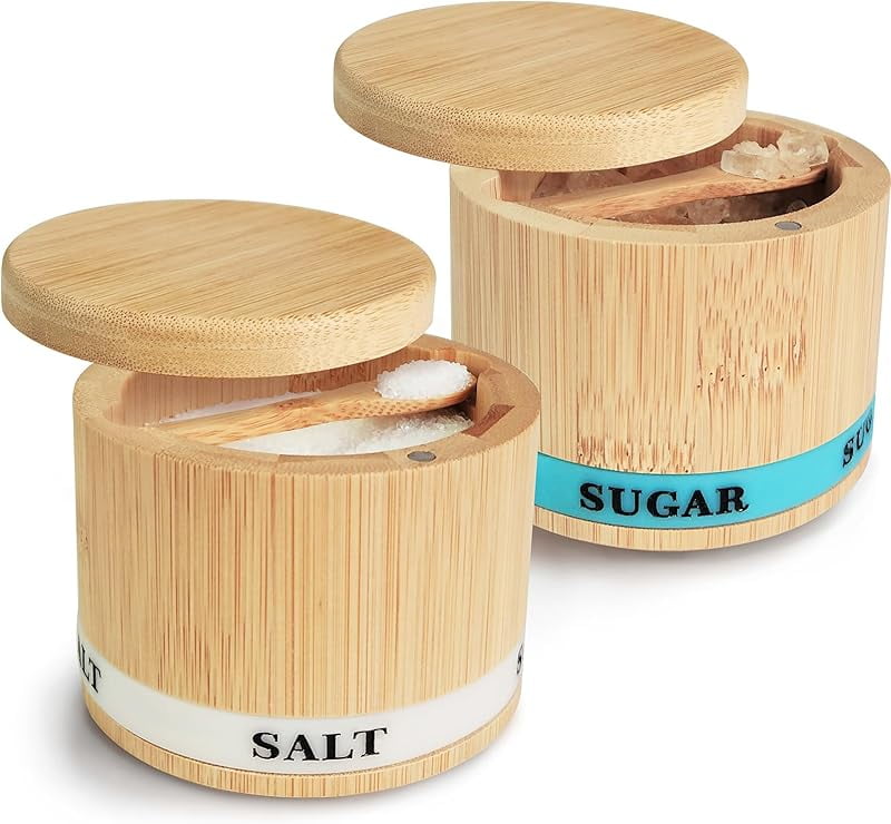 Salt Box Bamboo Salt Container with Swivel Lid with Magnetic to Easily ...