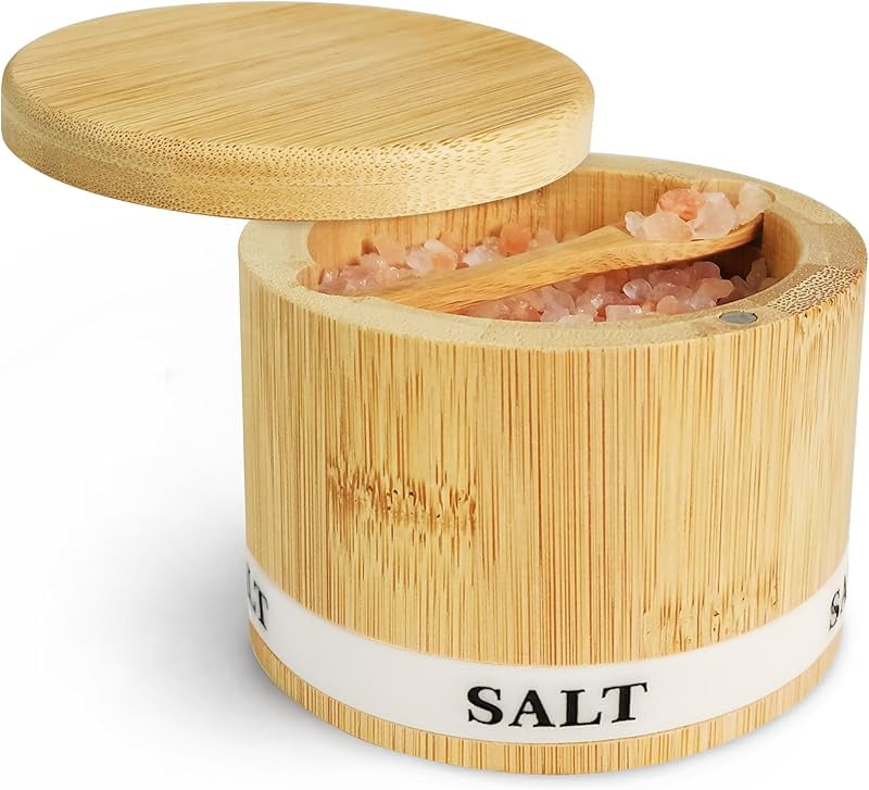 Salt Box Bamboo Salt Container with Swivel Lid with Magnetic to Easily ...