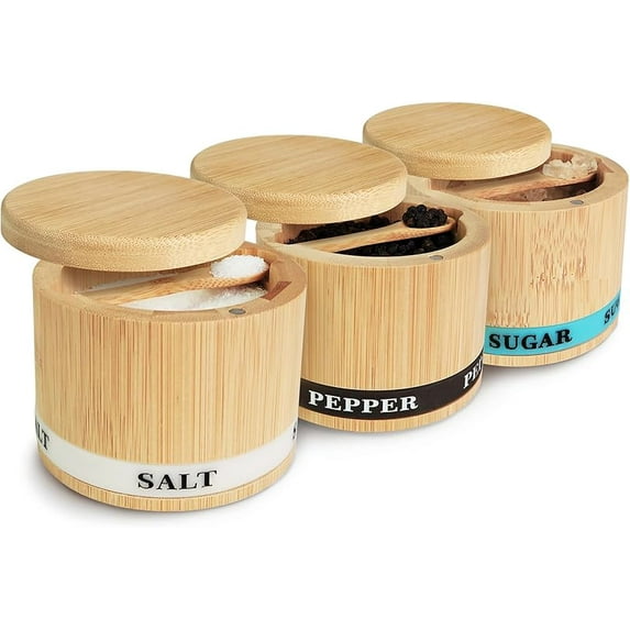 Salt Box Bamboo Salt Container with Swivel Lid with Magnetic to Easily ...
