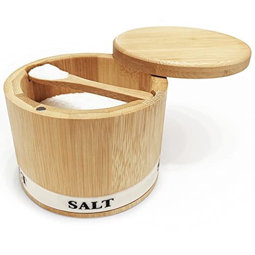 Salt Box Bamboo Salt Container with Swivel Lid & Spoon, Seal Salt ...