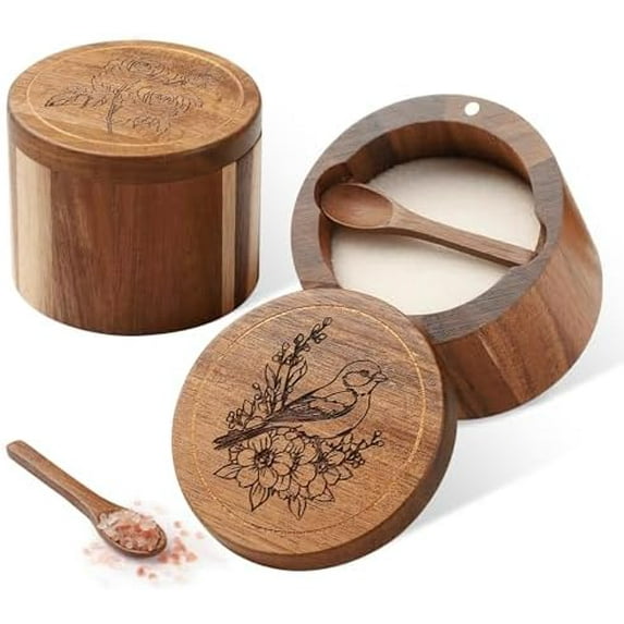 Salt Cellar, 2PCS Salt Container Acacia Wood Salt and Pepper Box for ...
