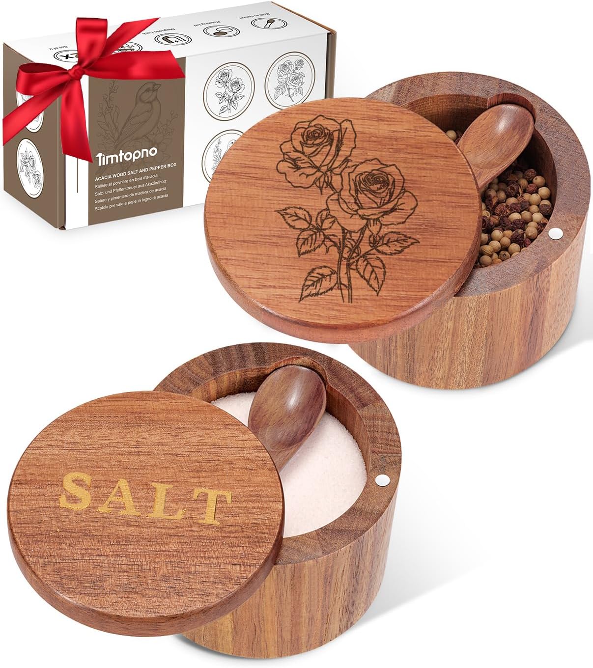 Salt Cellar, 2PCS Salt Container Acacia Wood Salt and Pepper Box for ...
