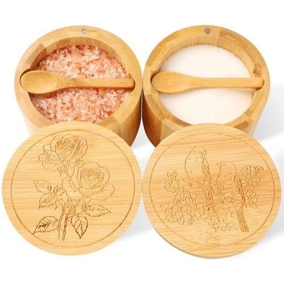 Salt Cellar, 2PCS Salt Container Bamboo Salt and Pepper Box for ...