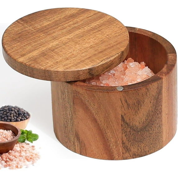 Salt Cellar with Lid, 1 Cup Acacia Wood Salt Container with Swivel ...