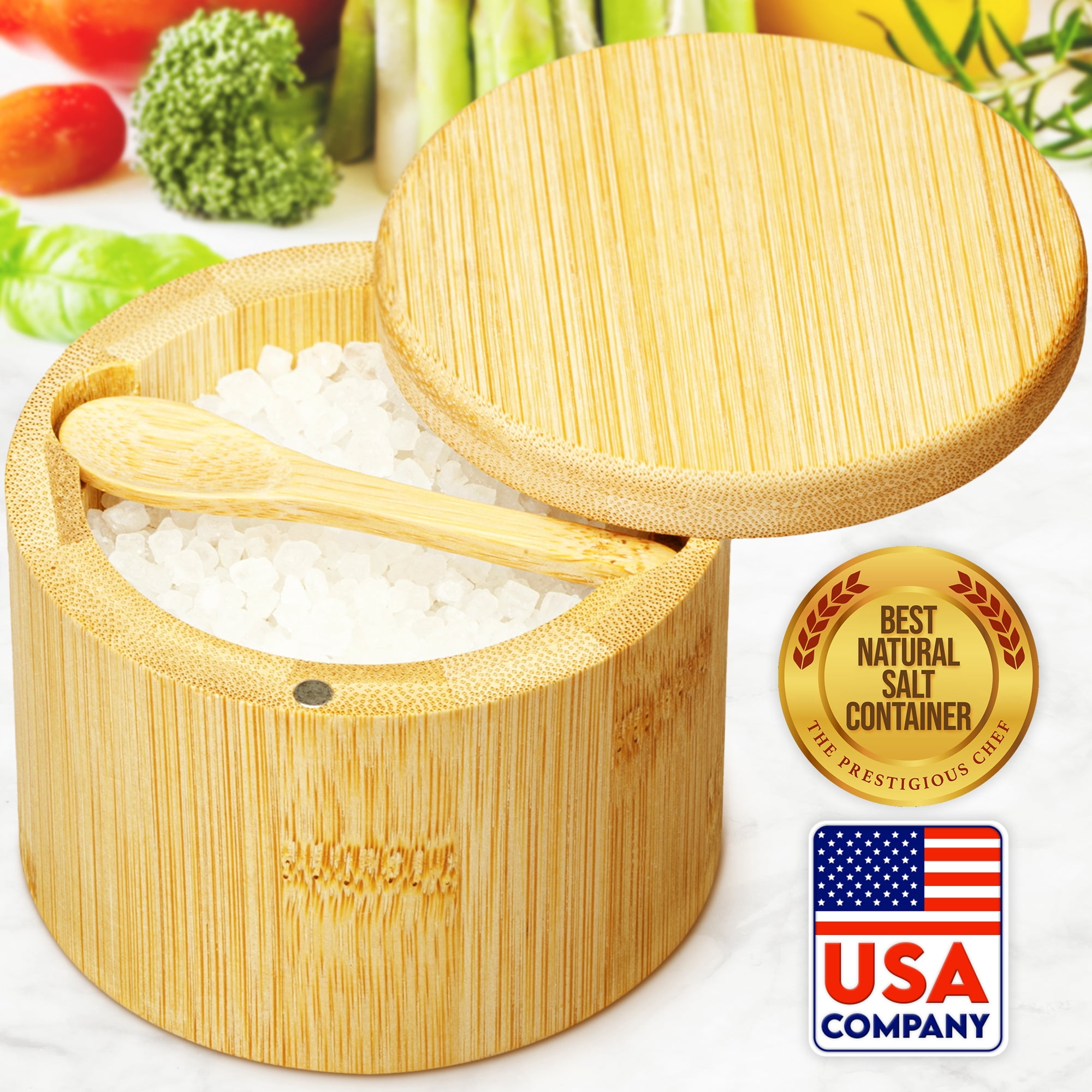 Salt Jar with Lid & Spoon Holder, Bamboo Cellar for Countertop, Spice ...