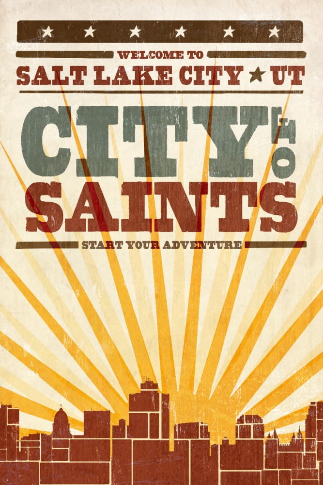 Salt Lake City, Utah, Skyline and Sunburst Screenprint Style (16x24 ...