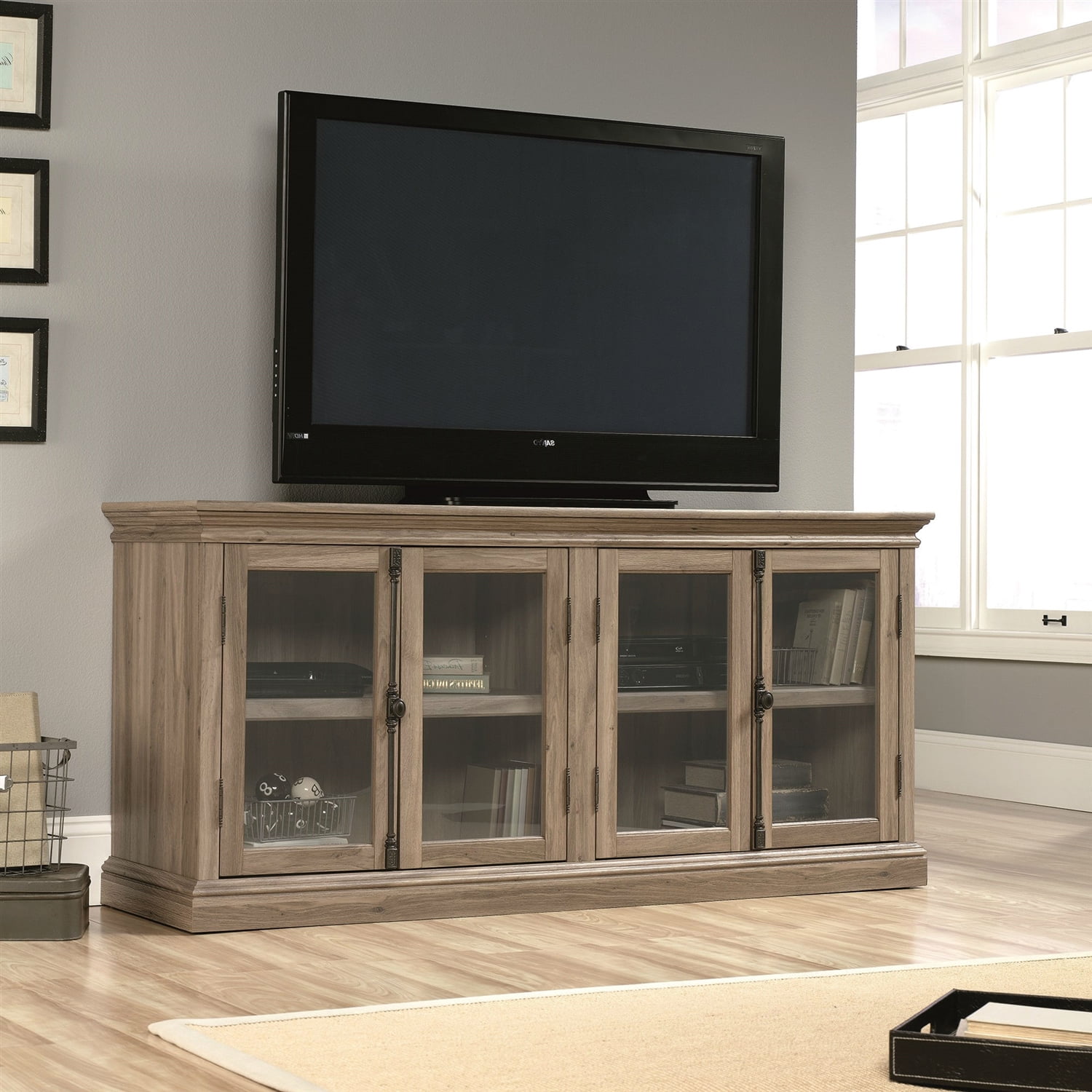Salt Oak Wood Finish TV Stand with Tempered Glass Doors - Fits up to 80 ...