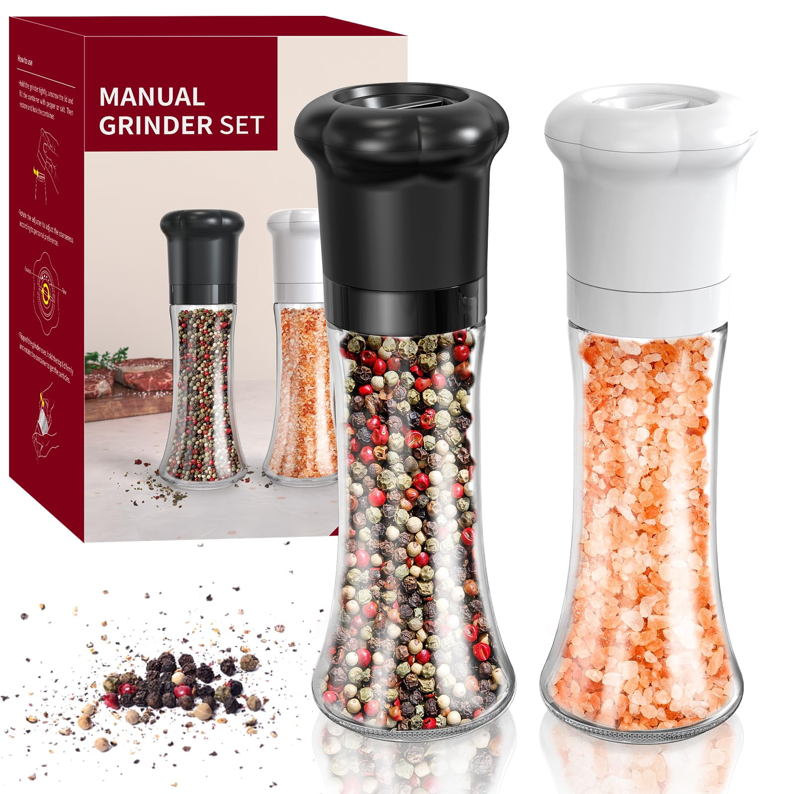 Salt and Pepper Grinder Set, Refillable Ceramic Blades Mill with ...