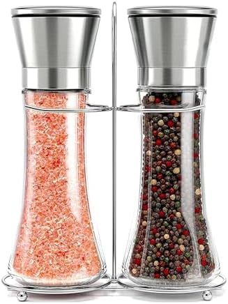 Salt & Pepper Grinder Set with Stand - Stainless Steel Manual Mills ...