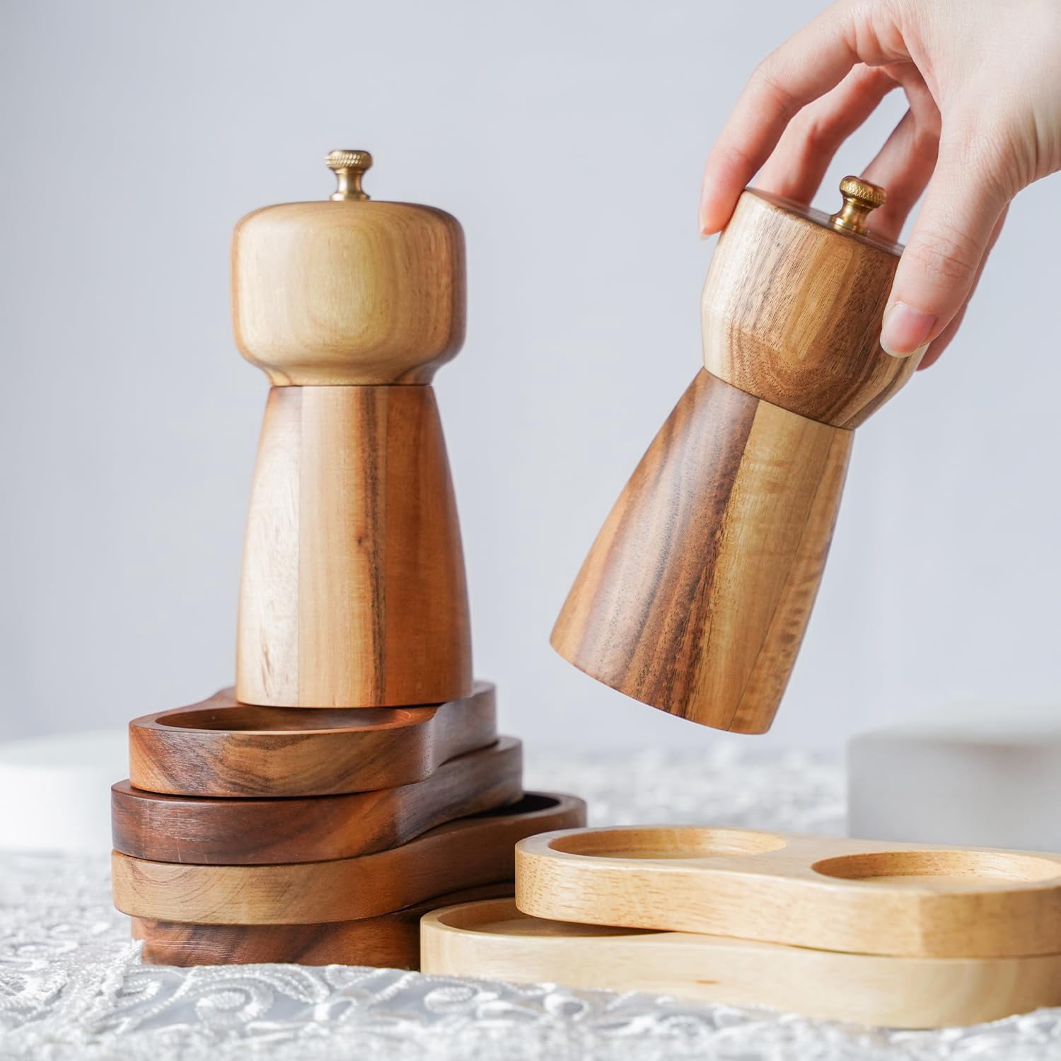 Salt and Pepper Grinder Set with Tray, Adjustable Ceramic Grinder Salt ...