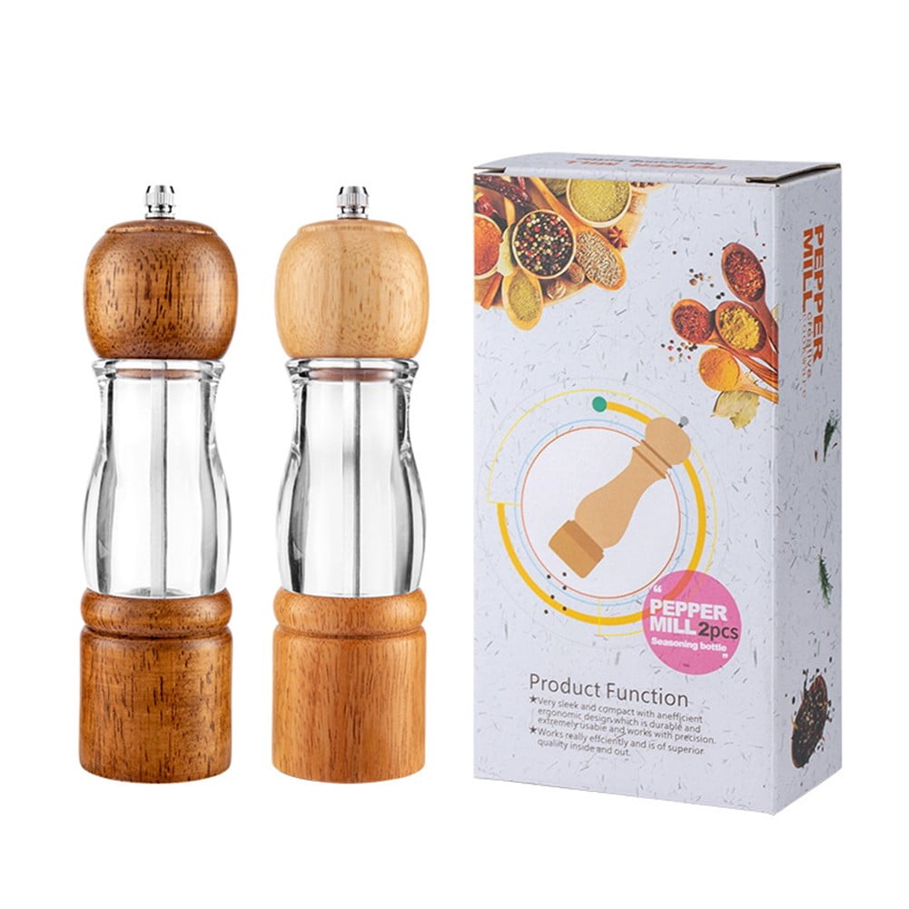 Salt Pepper Grinder Wooden Refillable Seasoning Spice Mill Adjustable ...