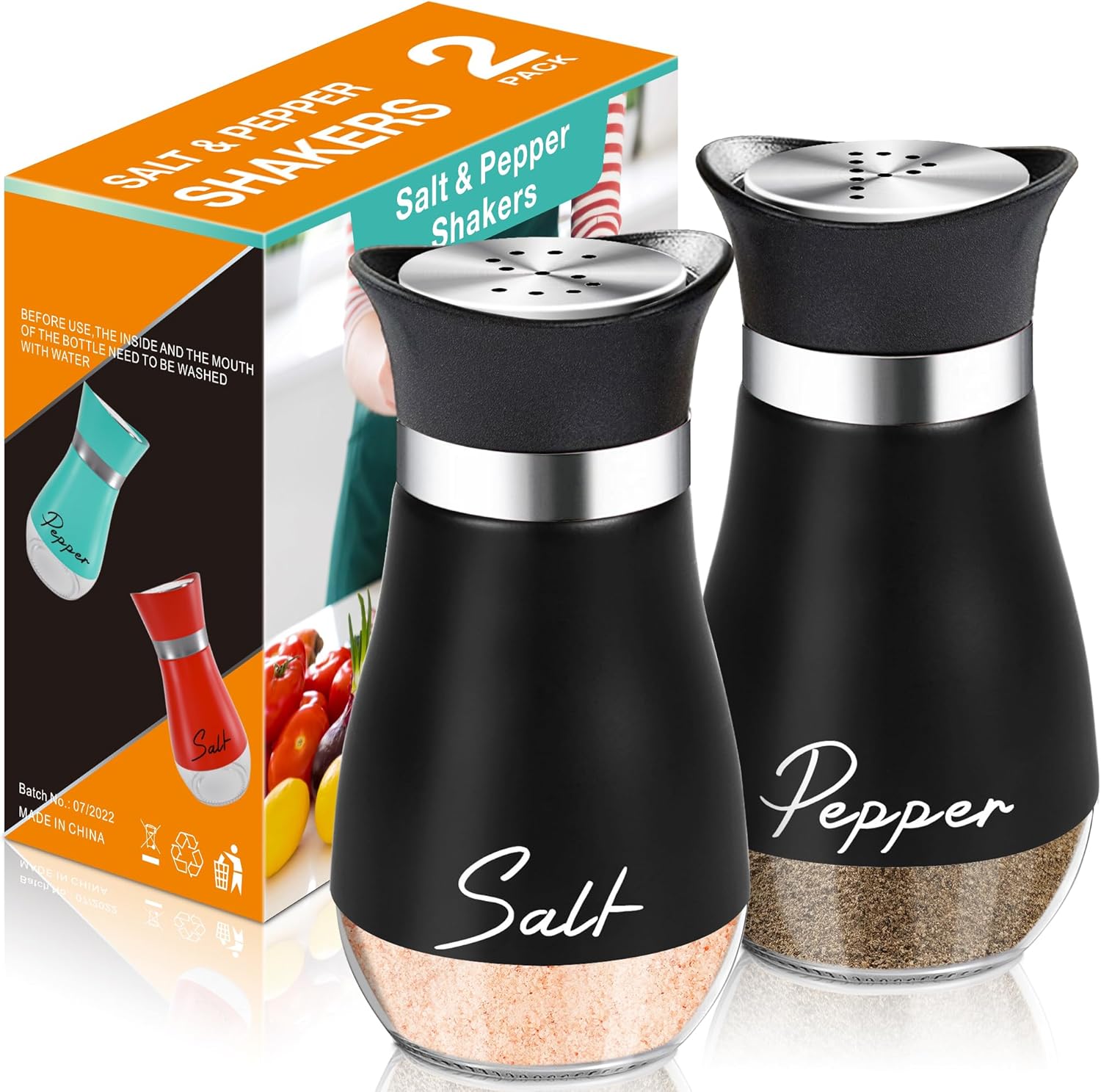 Salt and Pepper Shakers Set,4 oz Glass Bottom Salt Pepper Shaker with ...