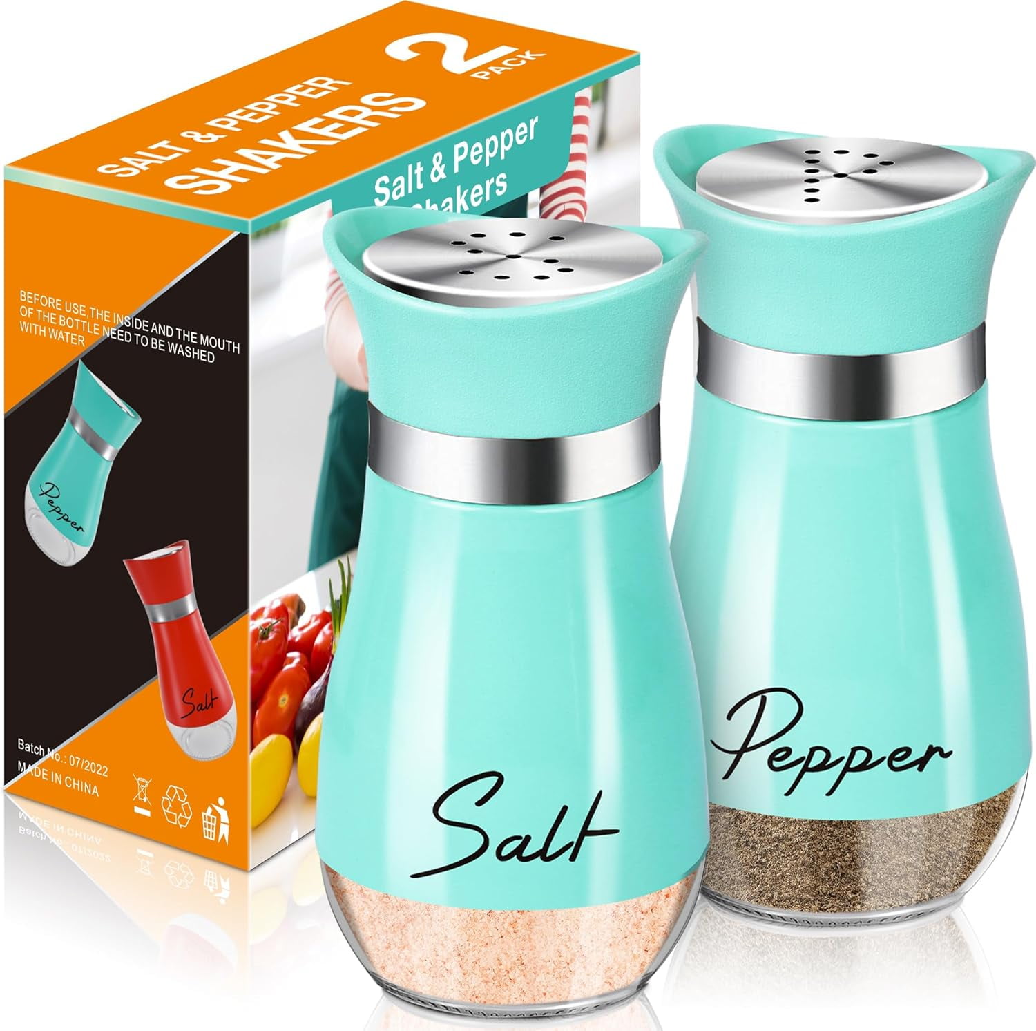 Salt and Pepper Shakers Set,4 oz Glass Bottom Salt Pepper Shaker with ...