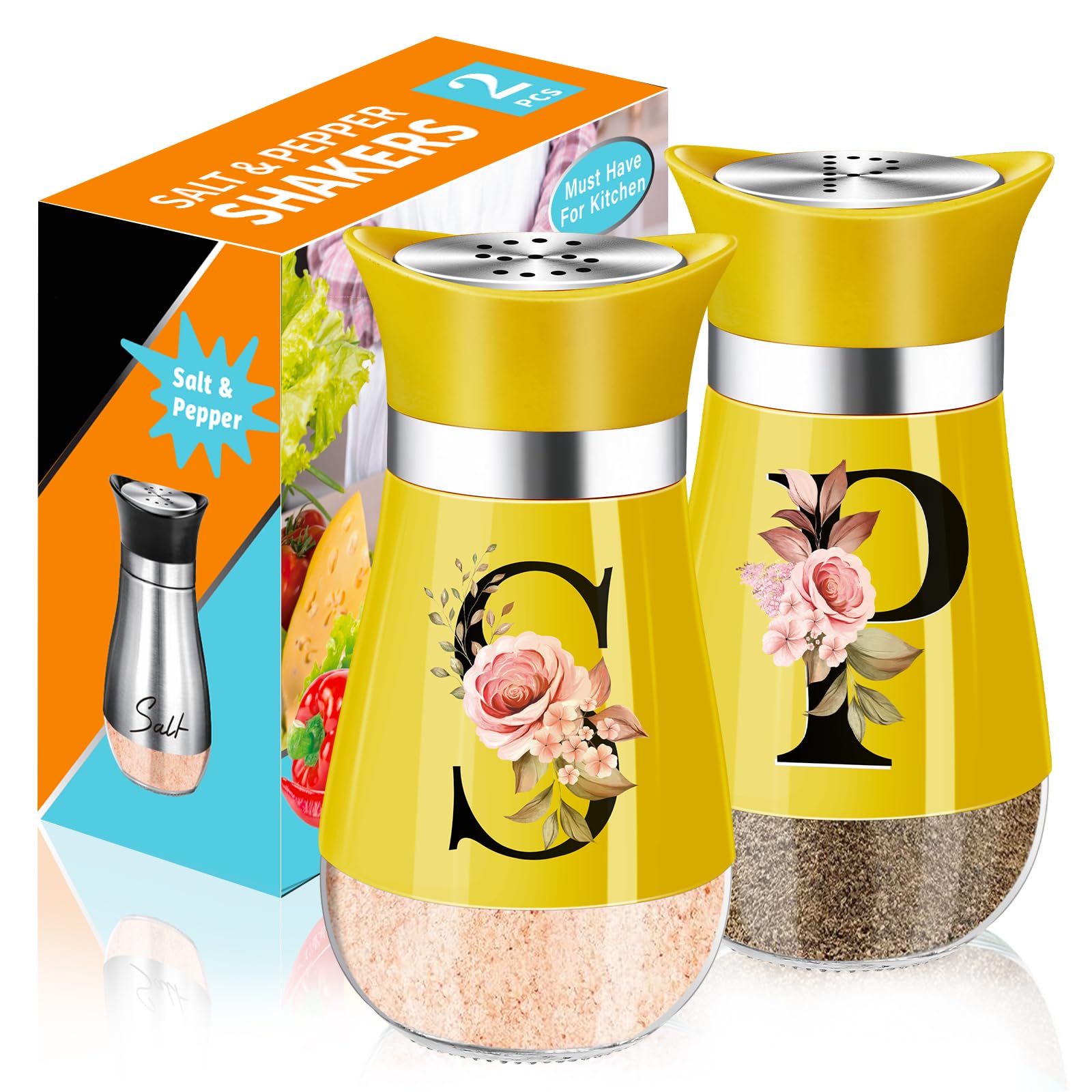 Salt and Pepper Shakers Set, 4 oz Yellow Kitchen Accessories, Stainless ...