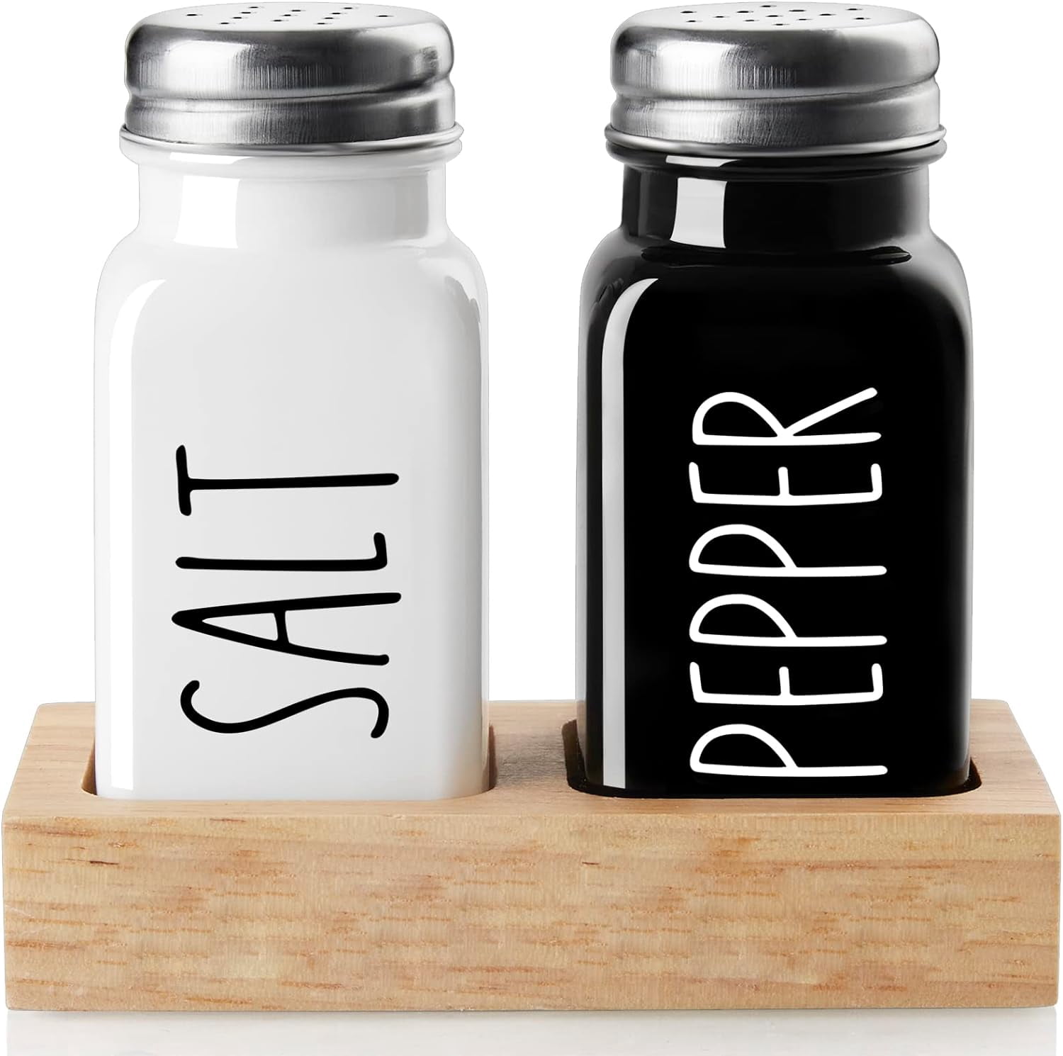 Salt and Pepper Shakers Set with Holder - Glass Salt Shaker with Wood ...