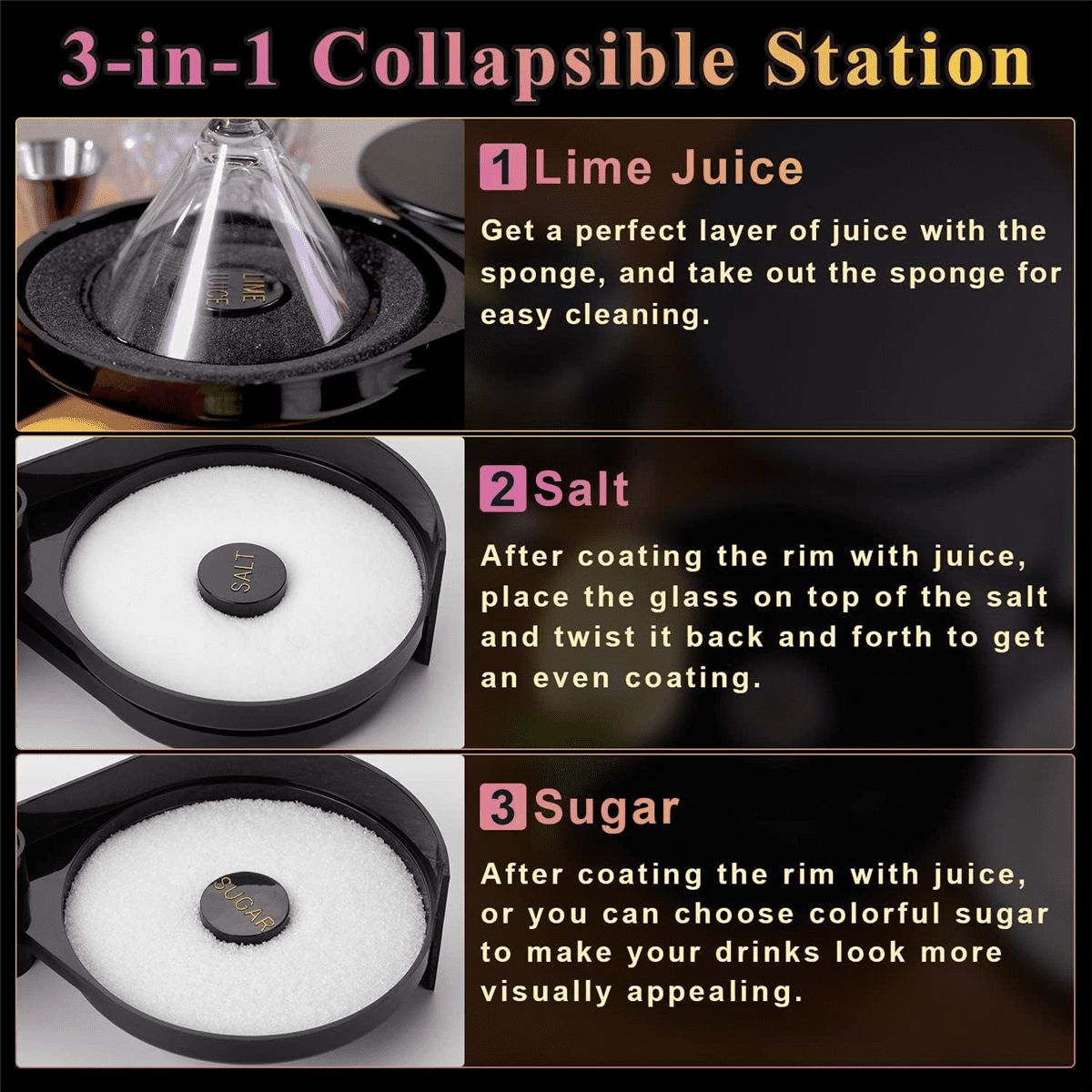 Salt Rimmer Set, Salt Rimmer with 3 Sponges, 3-Tier Glass Rimmer, Salt ...