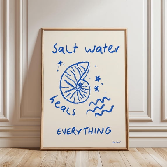 Salt Water Heals Everything Wall Art Minimalist Blue Seashells Art ...