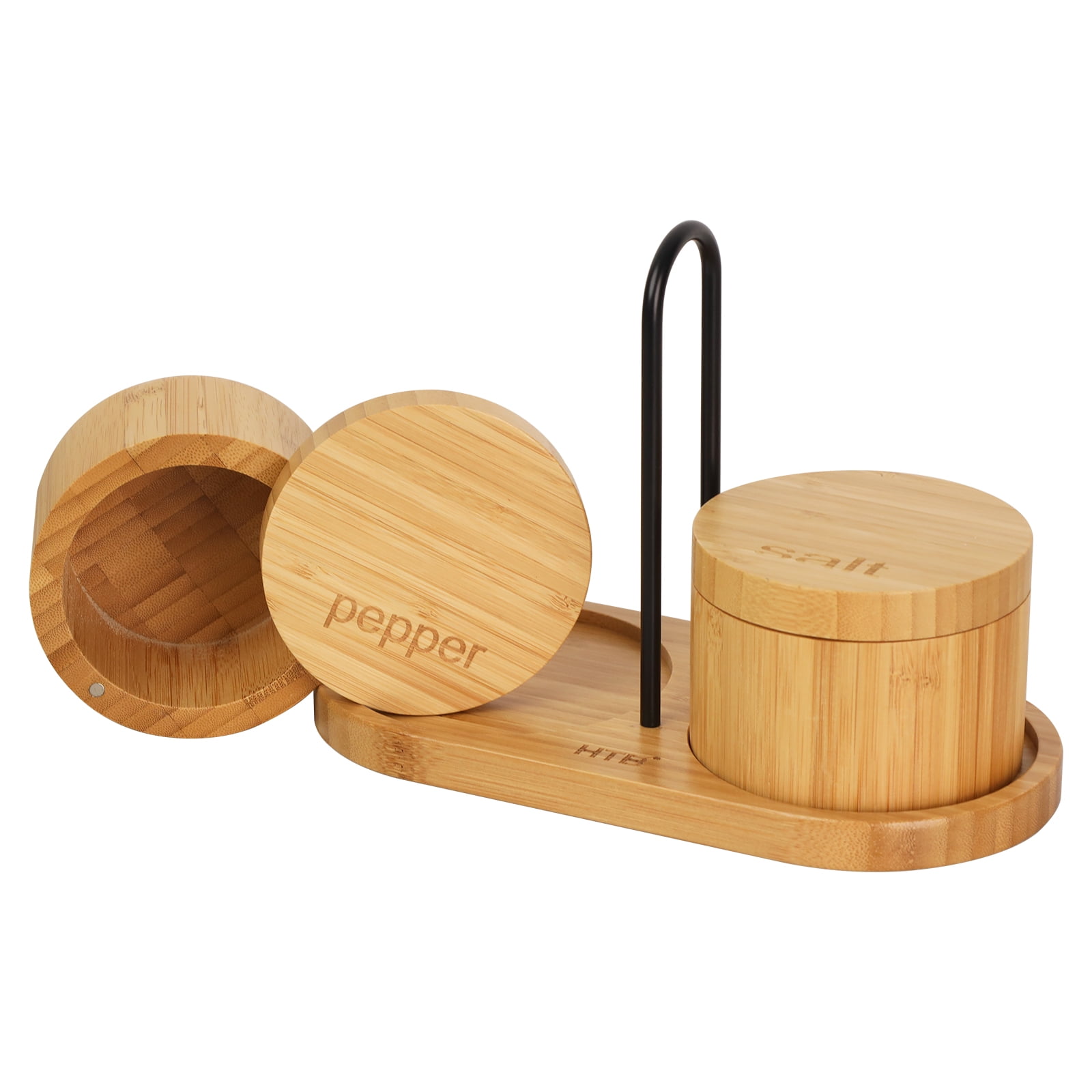 Salt and Pepper Cellar Set with Spoon Lid Tray by HTB, Bamboo Round ...