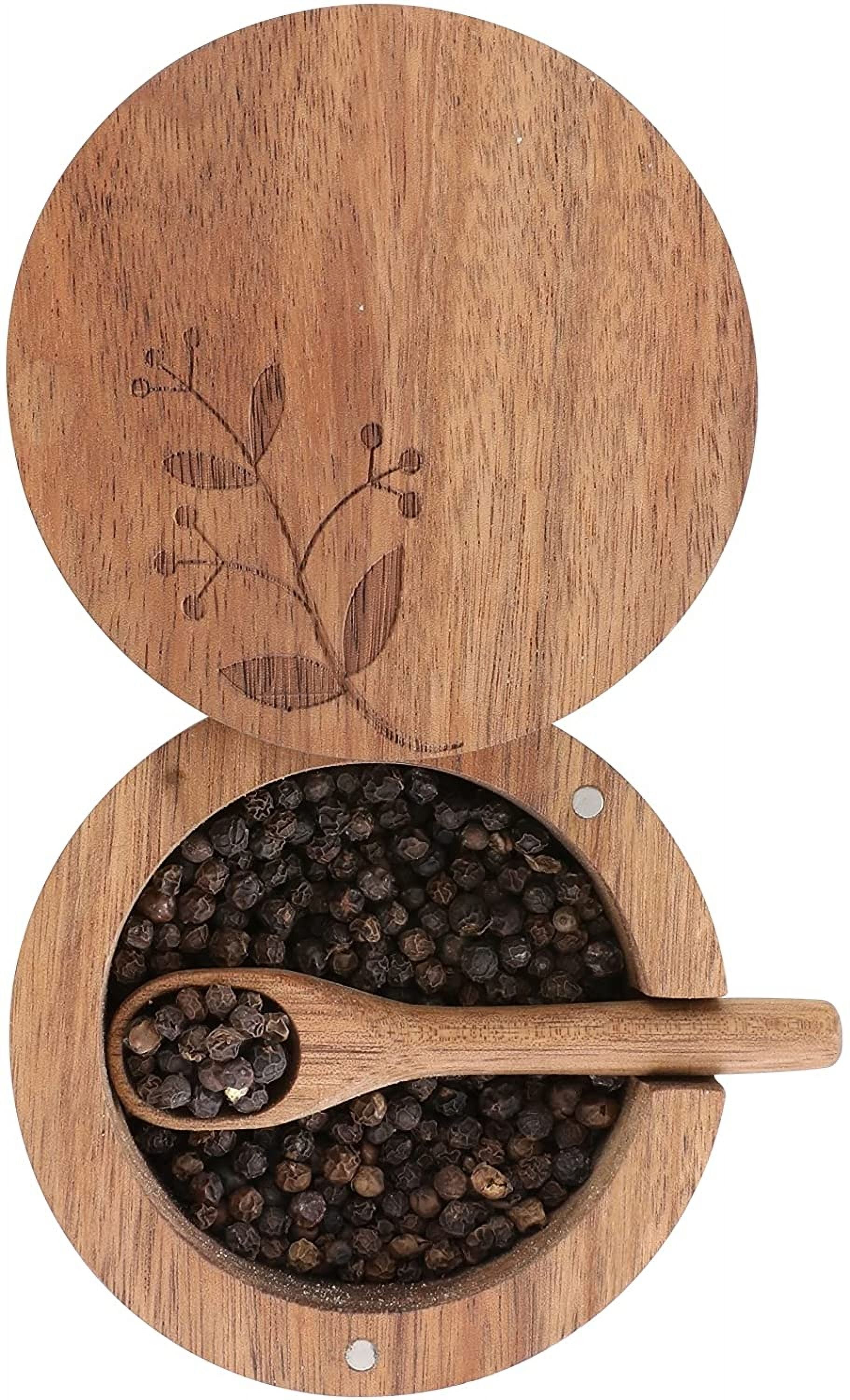 Salt keeper, Acacia wood salt cellar with lid and spoon, salt box with ...