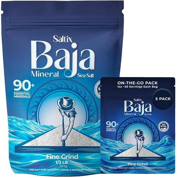 Saltix Baja Mineral Fine Grind Sea Salt Bundle – 8 oz Bag + 5 On-The-Go ...