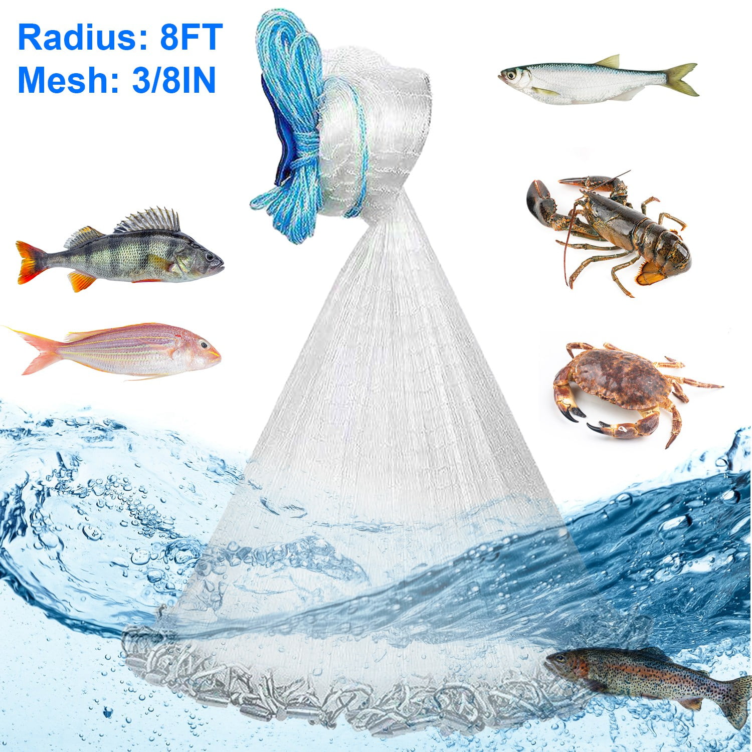 iMounTEK 8FT Radius Saltwater Fishing Cast Net, Heavy Duty, Easy Throw ...