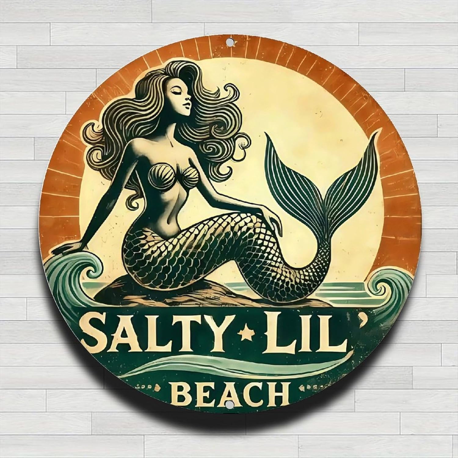 Salty Lil Beach Round Wall Sign Mermaid On Rock By Ocean Waves Rustic ...