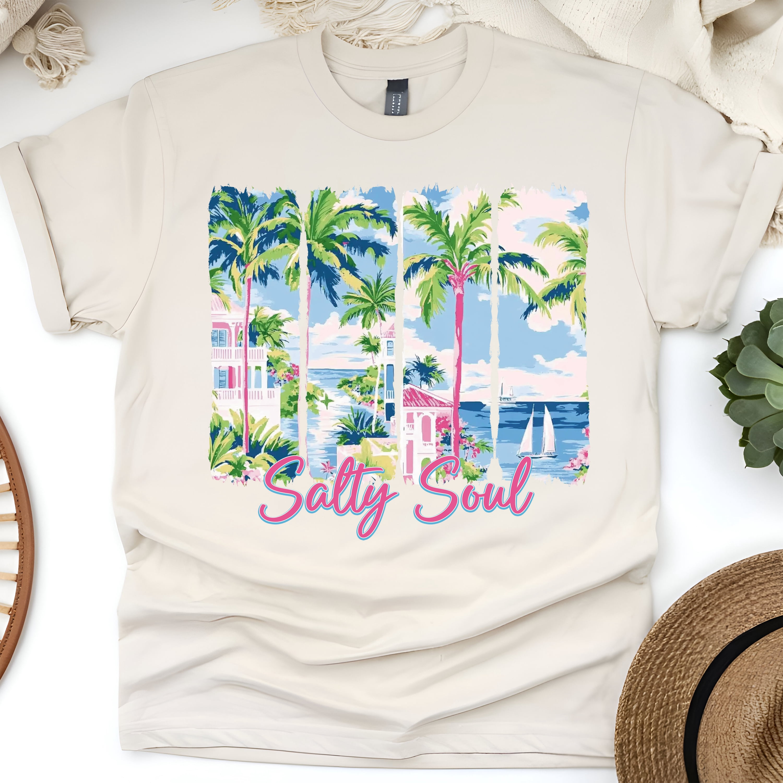 Salty Soul Tropical T-Shirt for Women, Coastal Beach Scene Graphic Tee ...