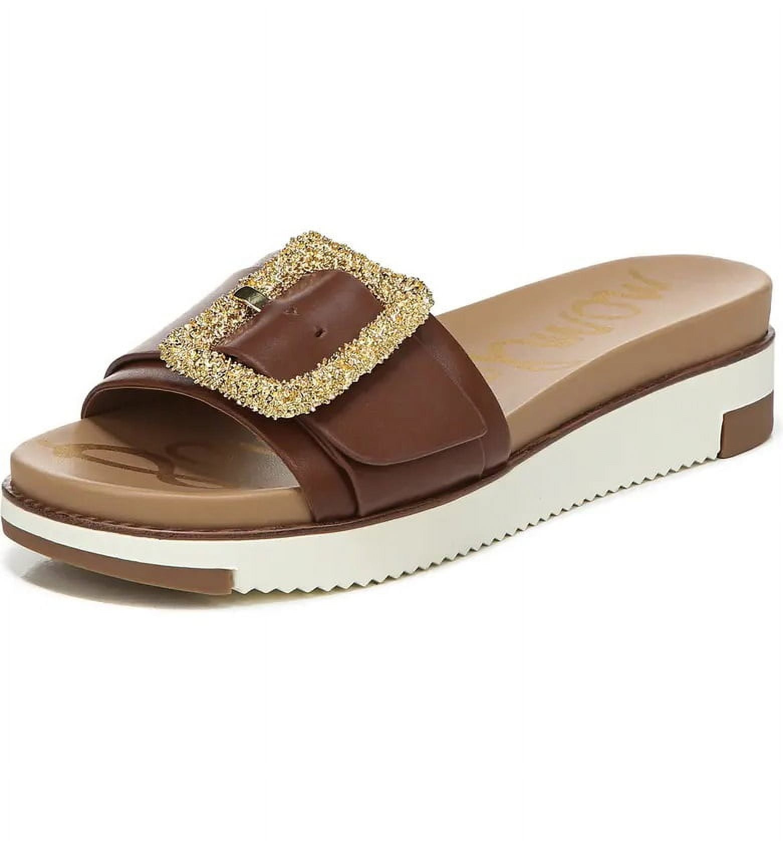 Sam Edelman Ariane Dark Bourbon Open Toe Buckle Flat Leather Slides ...