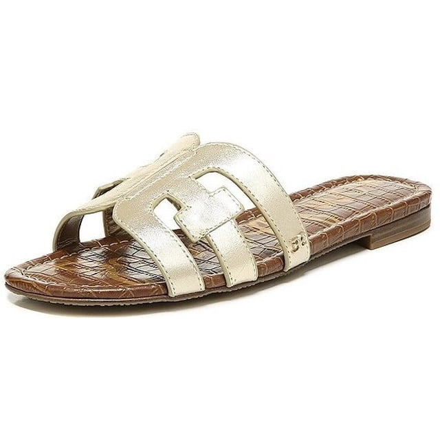 Sam Edelman Bay Gold Rounded Open Toe Slip On Leather Strap Flat Slide ...