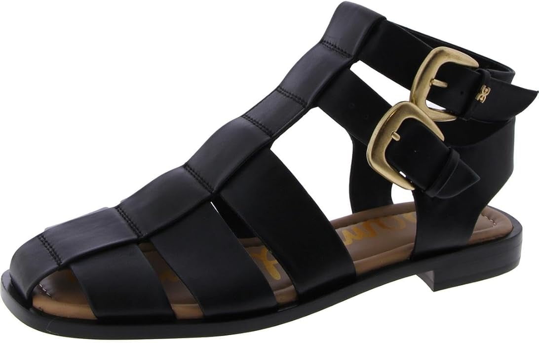 Sam Edelman Dawn Black Leather Ankle Strap Square Toe Buckle Flats Sandals - Walmart.com
