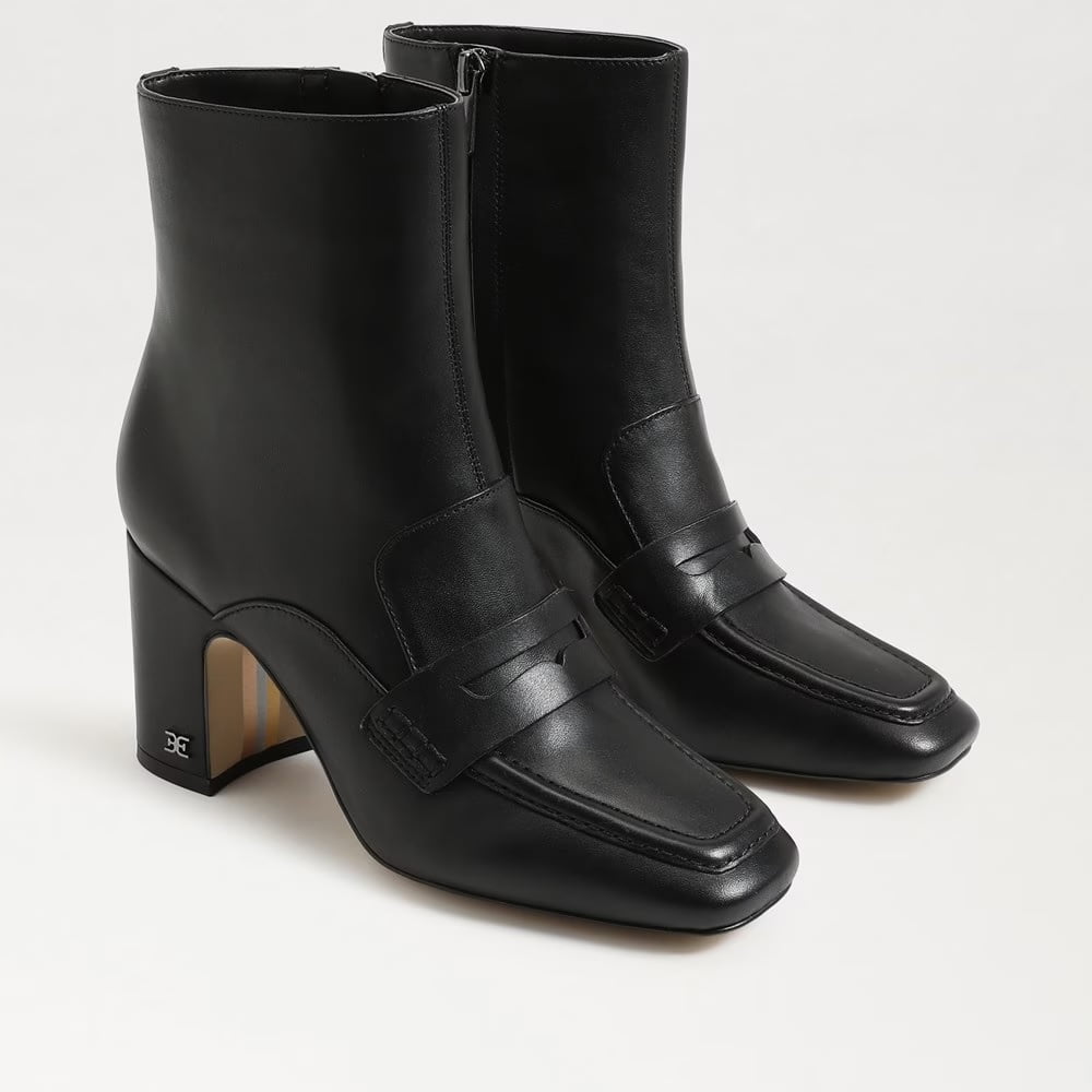 Sam Edelman Fenna Black Leather Square Toe Black Heel Ankle Boots ...