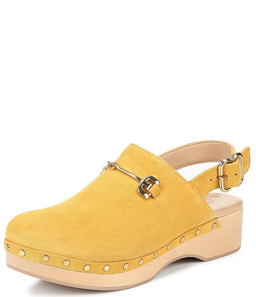 Sam Edelman Hilda Mustard Buckle Slingback Wood Horse Bit Clogs Mule ...