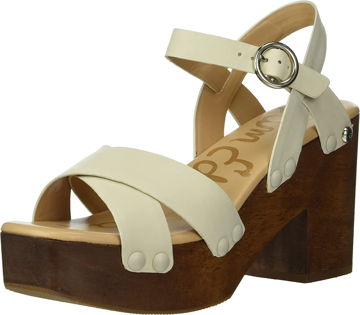 Sam Edelman Josefine Modern Ivory Leather Block Heel Ankle Strap Heeled ...