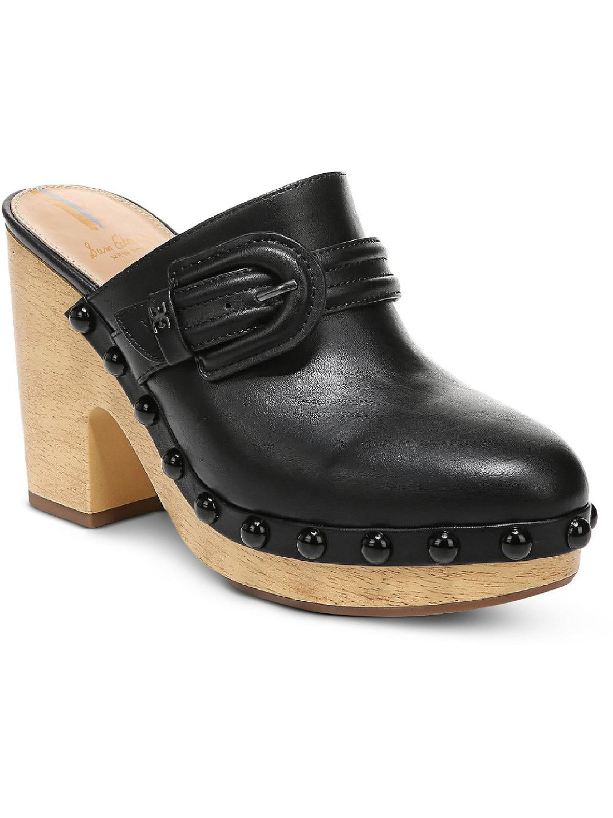 Sam Edelman Nyla Black Leather Rounded Toe Slip On Block Heel Clog ...