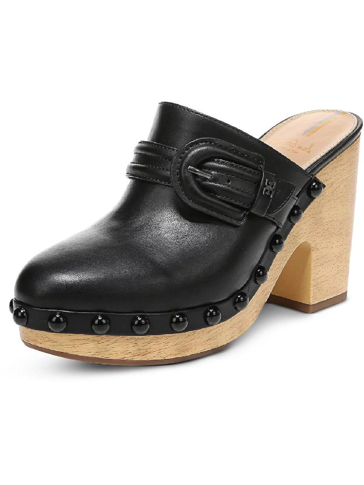 Sam Edelman Nyla Black Leather Rounded Toe Slip on Block Heel Fashion ...