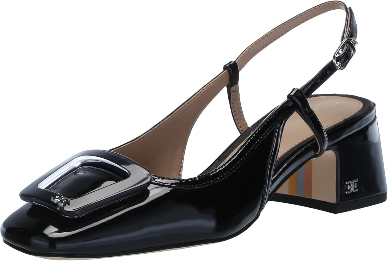 Sam Edelman Tracie Black Patent Slingback Squared Toe Buckle Detailed ...