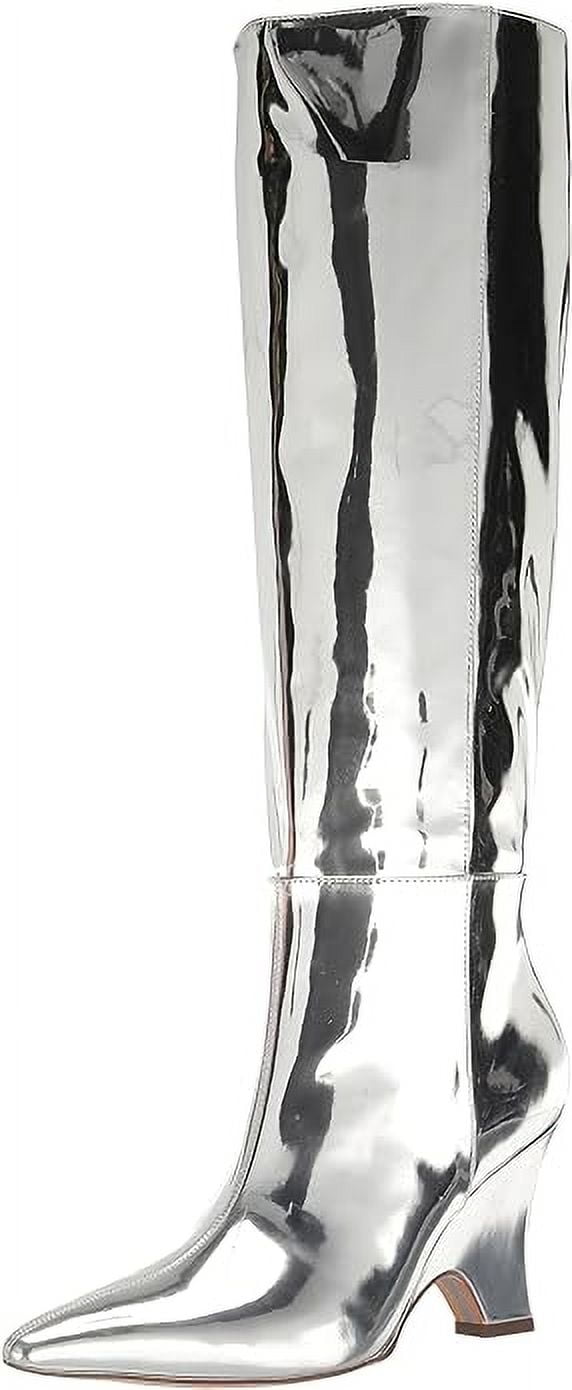 Sam Edelman Vance Soft Silver Pointed Toe Kitten Heel Knee High Fashion ...