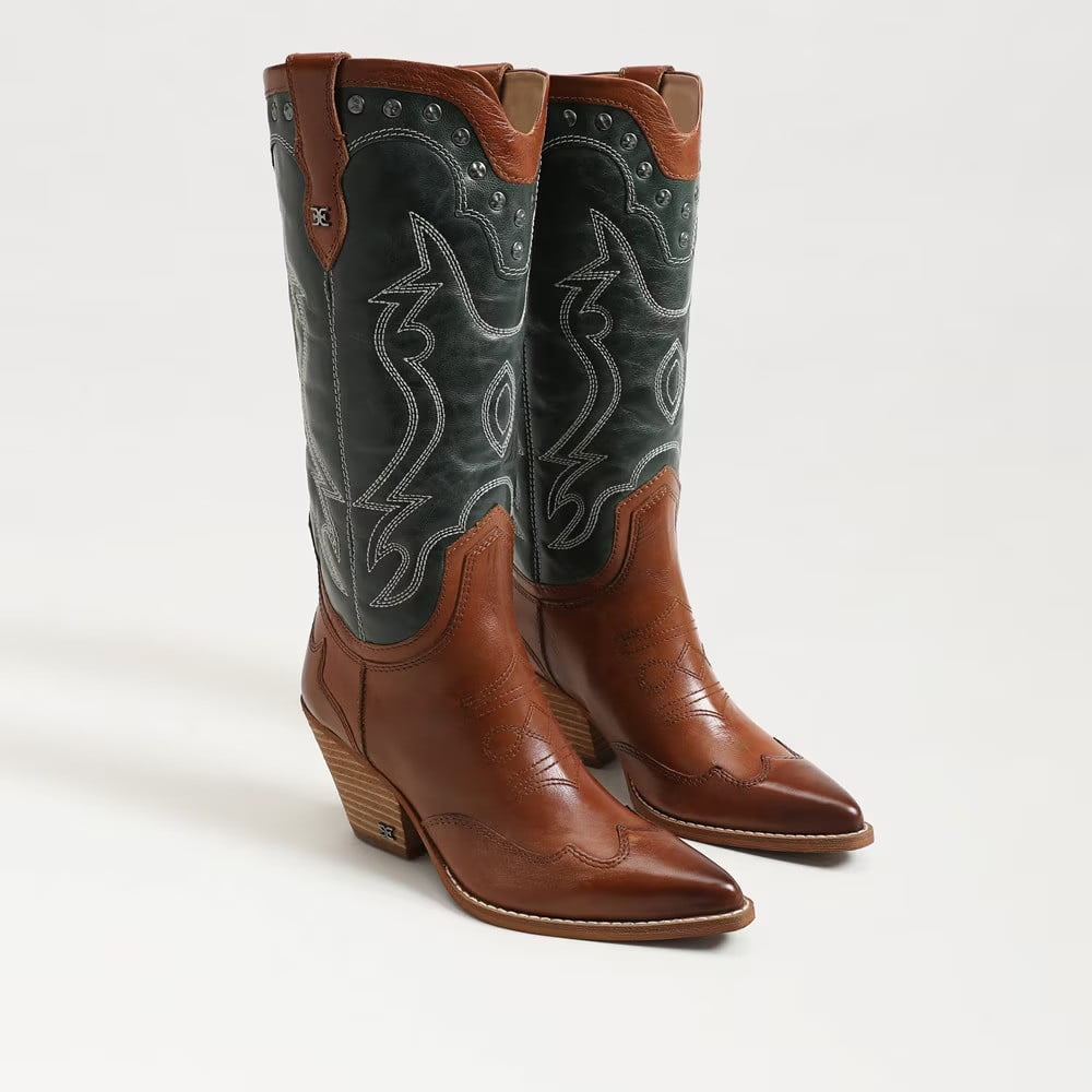 Sam Edelman Women's James Western Boot Green/Copper Leather Wide Calf ...