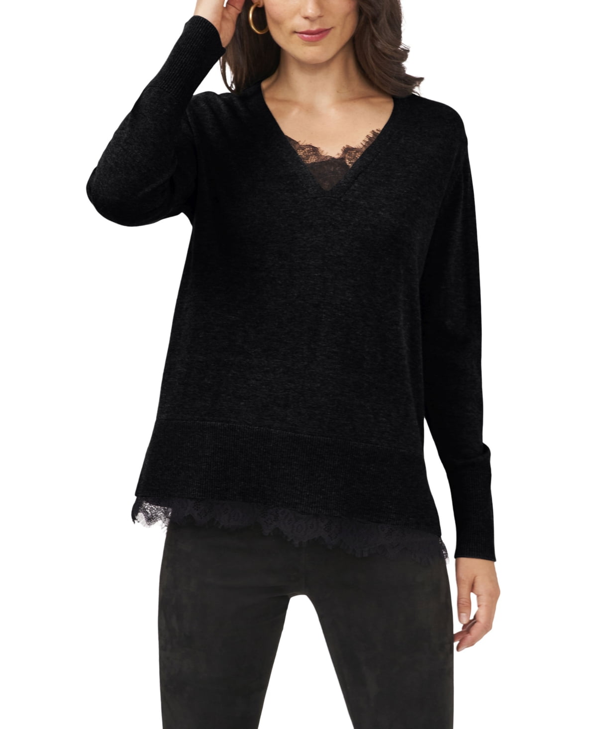 Sam Jess Lace Trim V Neck Sweater Rich Black L - Walmart.com