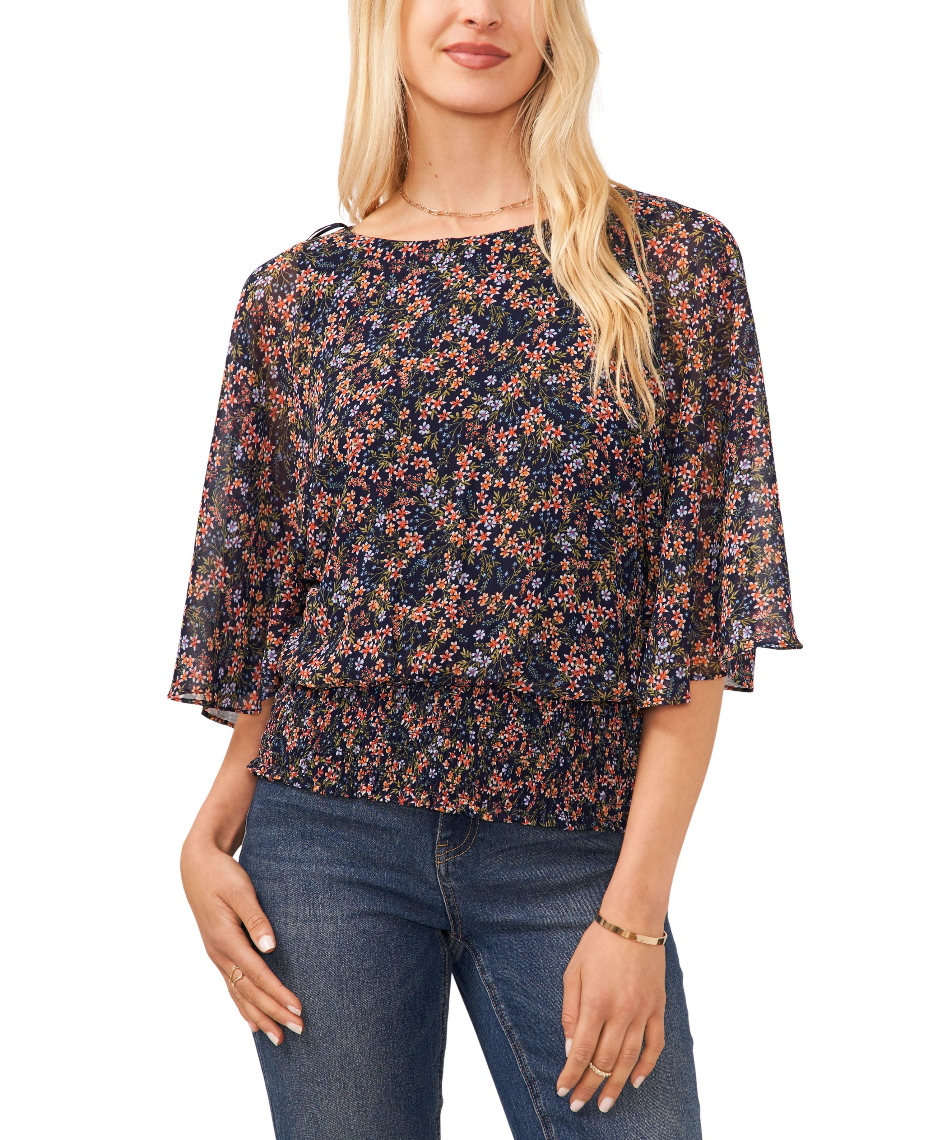 Sam Jess Printed Smocked Waist Top Navy Floral M - Walmart.com