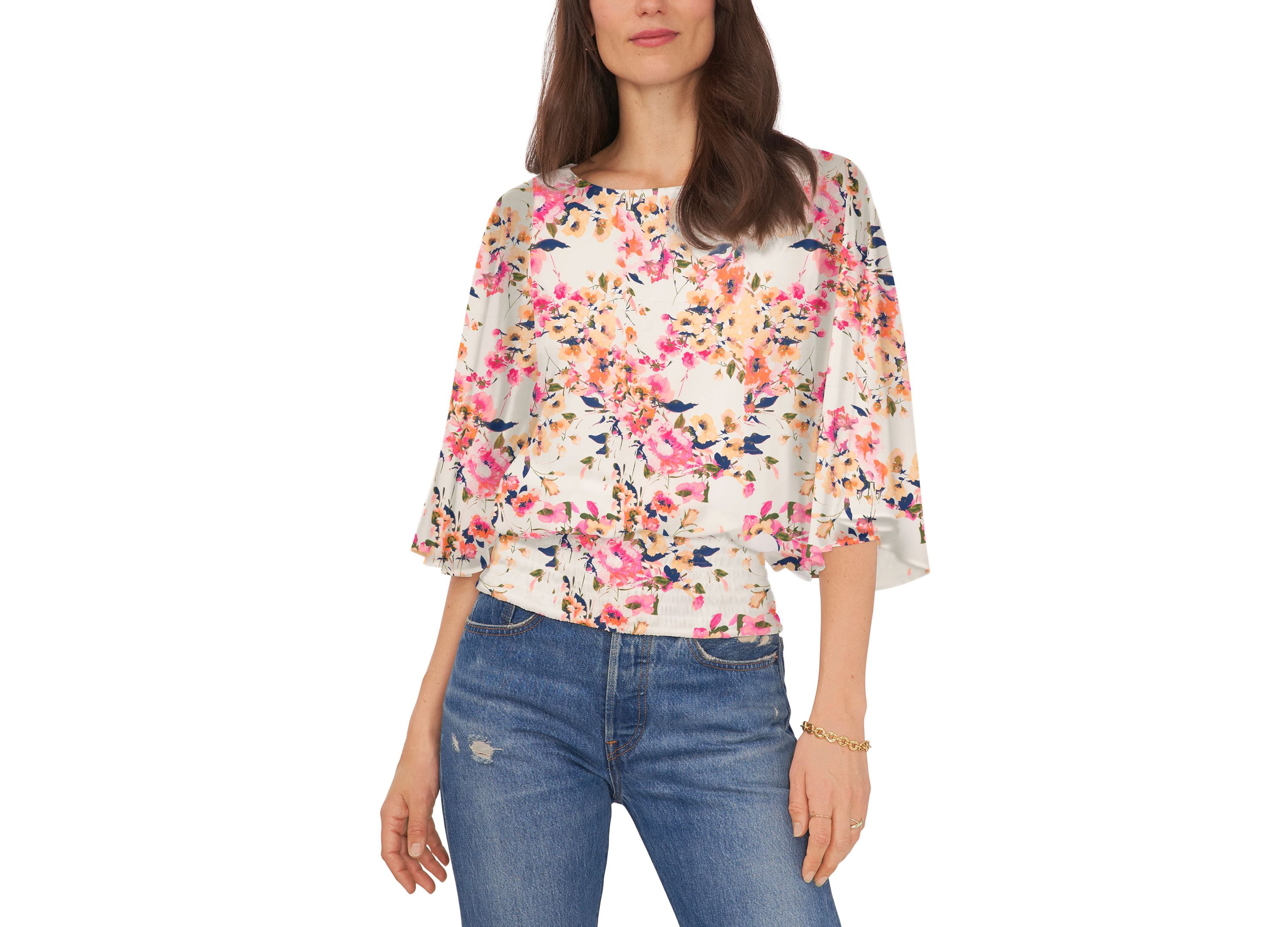 Sam Jess Printed Smocked Waist Top White Pink Peach XS - Walmart.com