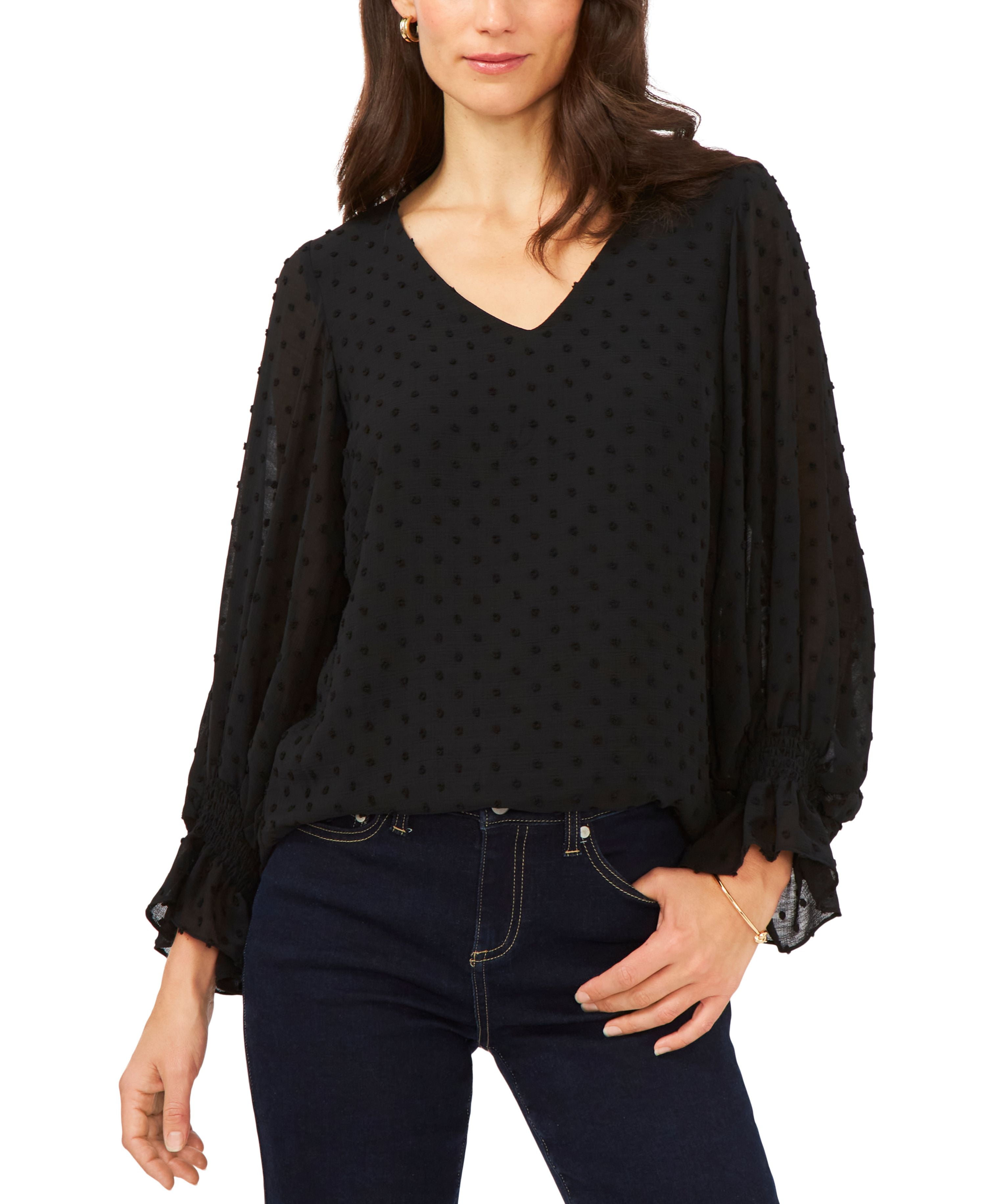 Sam Jess V Neck Smocked Cuff Top Rich Black Swiss Dot S - Walmart.com