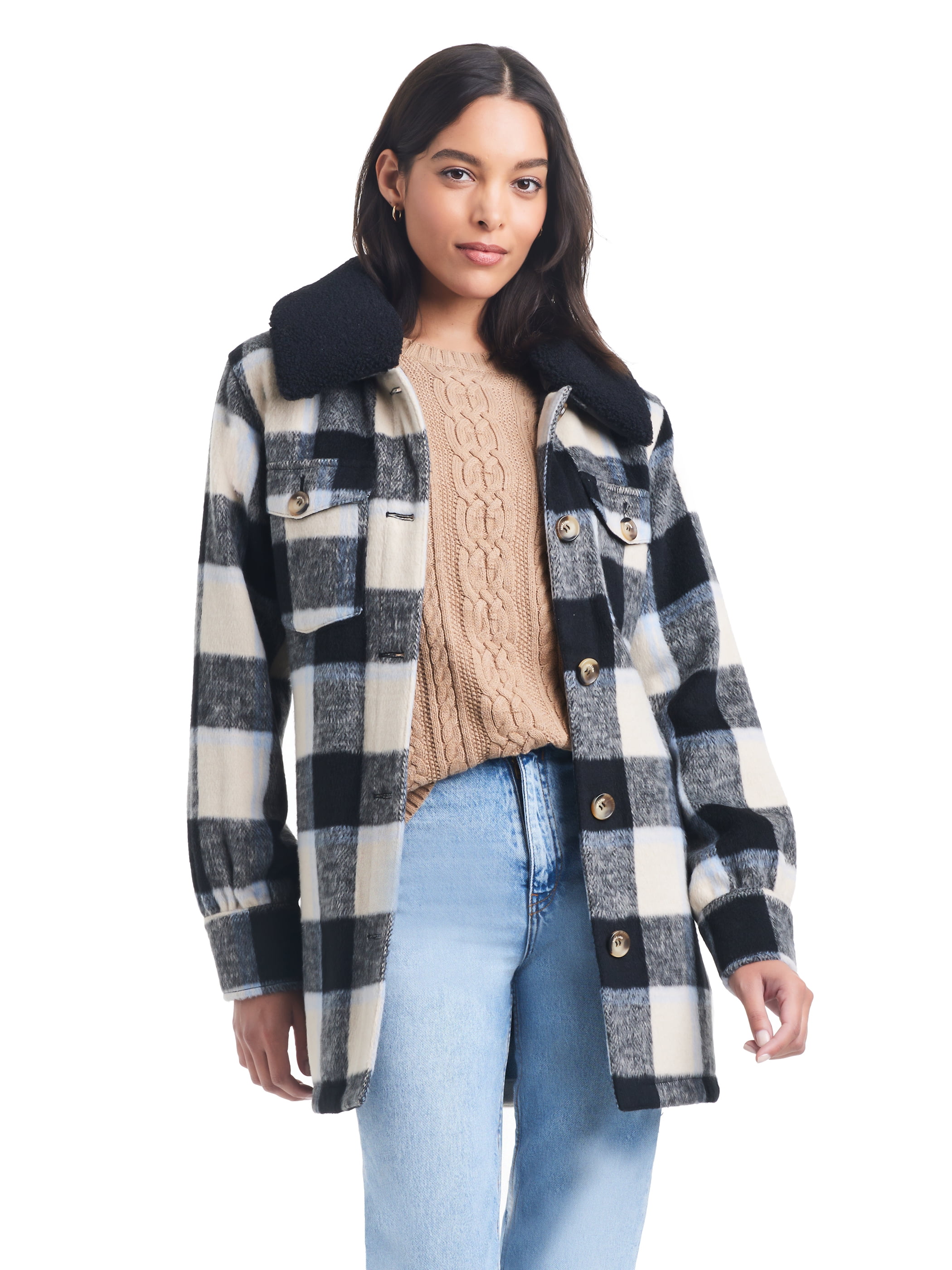 Sam & Libby Ladies Long Sleeve Faux Wool Plaid Shacket - Walmart.com