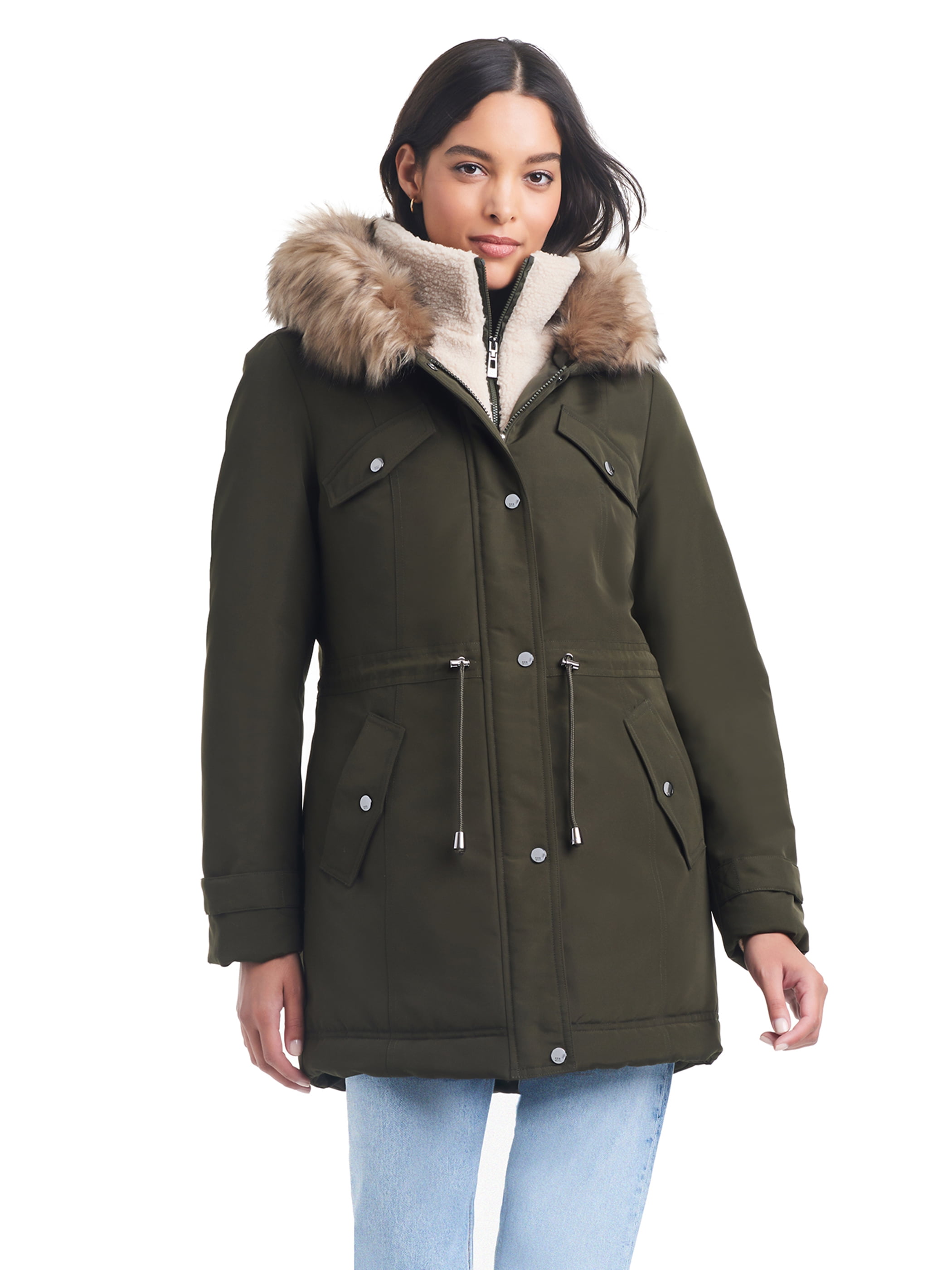 Sam & Libby Ladies Long Sleeve Mid-Length Parka with Sherpa Bib ...