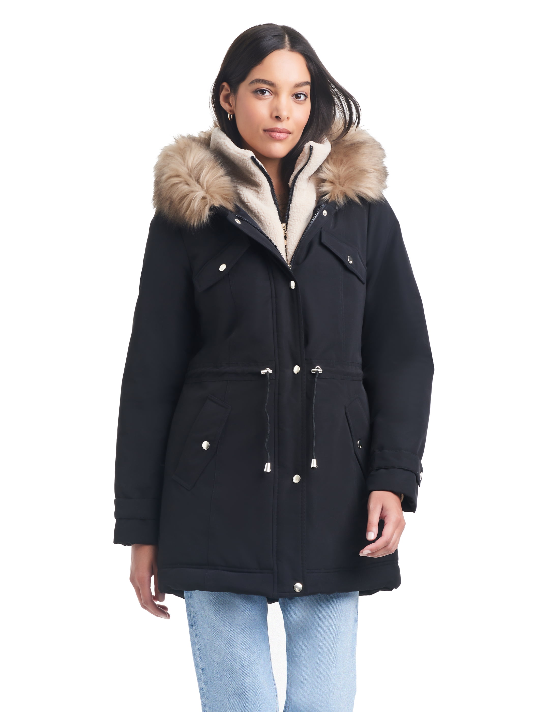 Sam & Libby Ladies Long Sleeve Mid-Length Parka with Sherpa Bib - Walmart.com