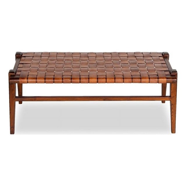 Sam Mid-Century Modern Genuine Leather Upholstered Bench in Tan ...