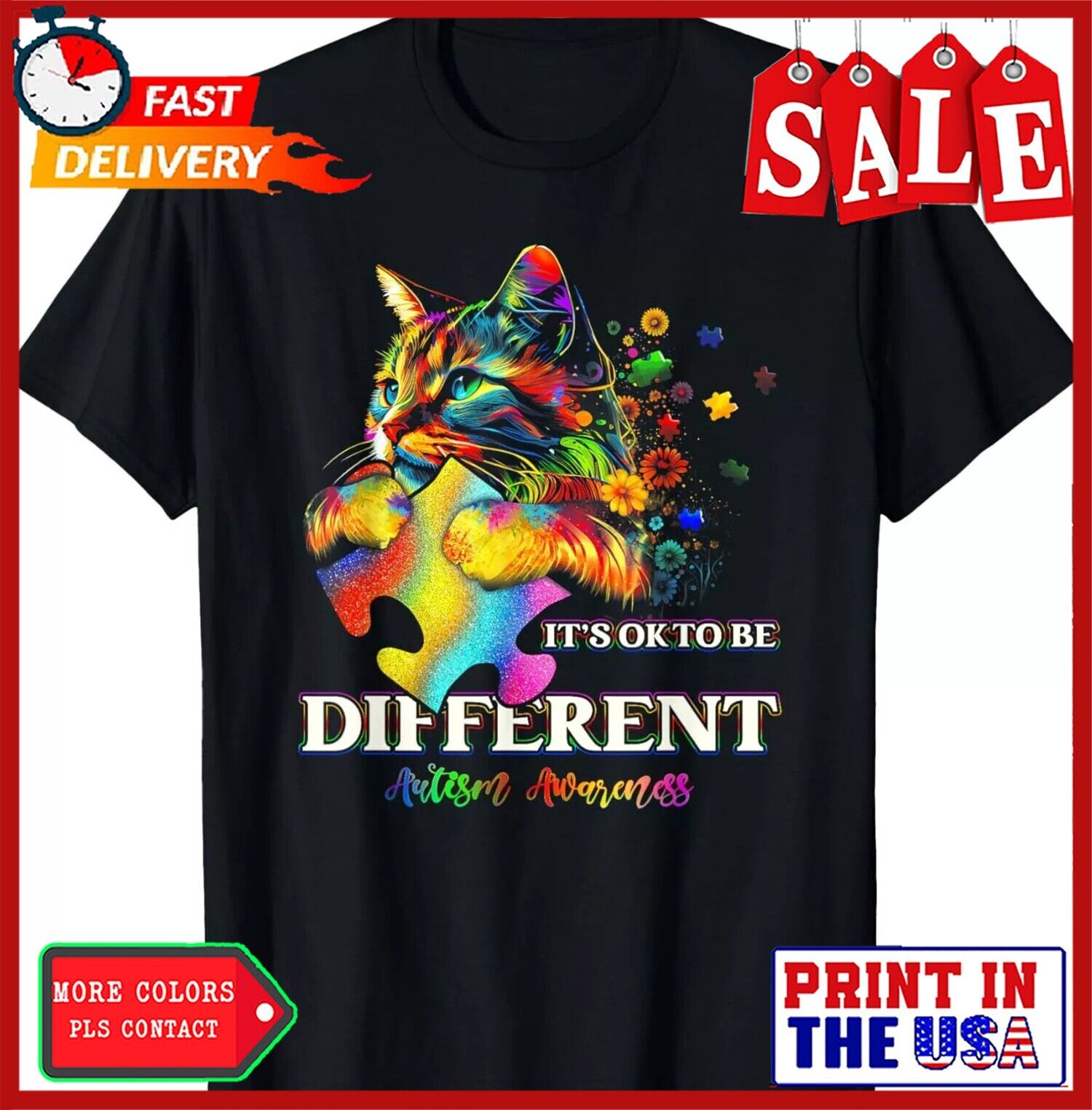 Sam Soft Autism Awareness Cat It'S Ok To Be Different Autistic T-Shirt ...